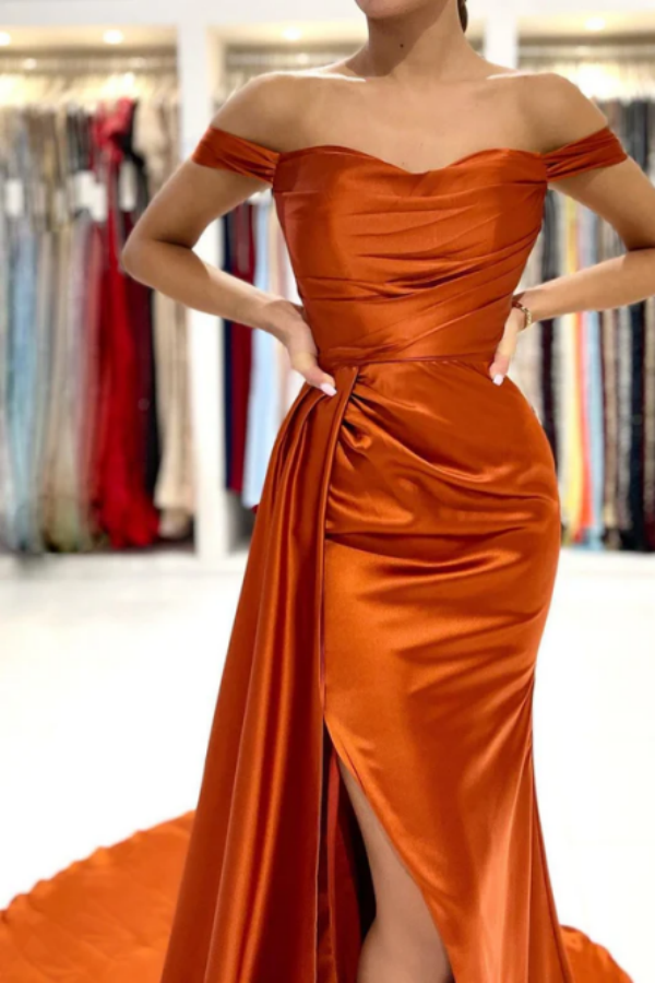 Rust Off the Shoulder Evening Dress Mermaid Satin Prom Dress with Flap ...